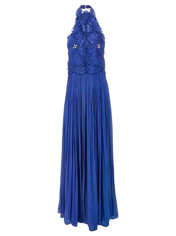 Costarellos Pleated Halter-neck Maxi Dress - Blue