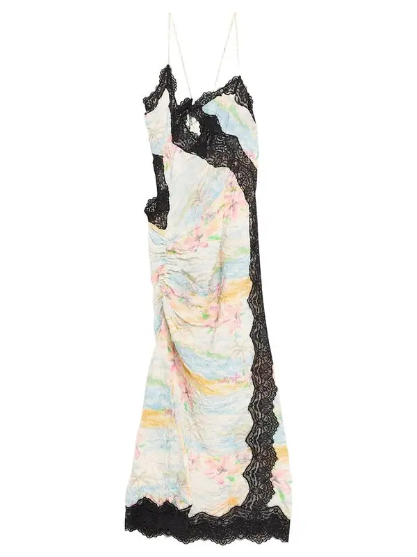 Christopher Esber Crinkle Satin Lace Twisted Cami Dress - Hibiscus Print