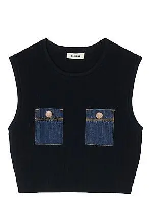 Sandro Sleeveless Knitted Top With Denim Pockets - Navy Blue