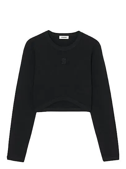 Sandro Long-sleeve Cropped Stretch-cotton T-shirt - Black
