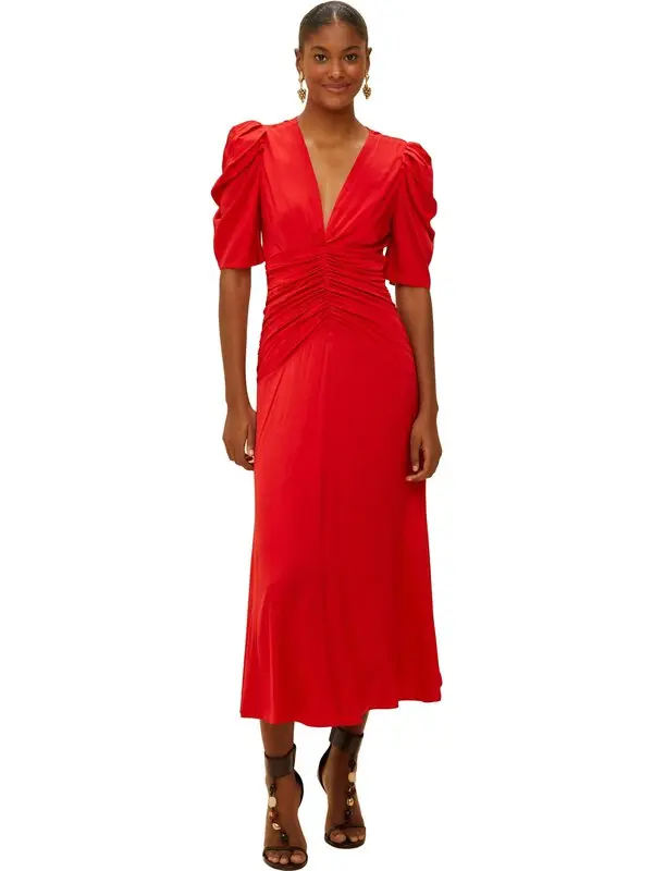 Farm Rio Gathered Midi Dress - Red