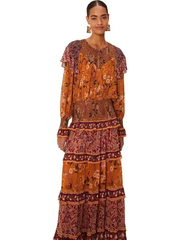 Farm Rio Smocking Long Sleeve Maxi Dress - Colorful Birds Camel