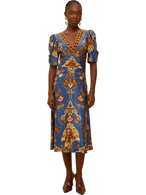 Farm Rio Floral Print Midi Dress - Ornament Floral Blue
