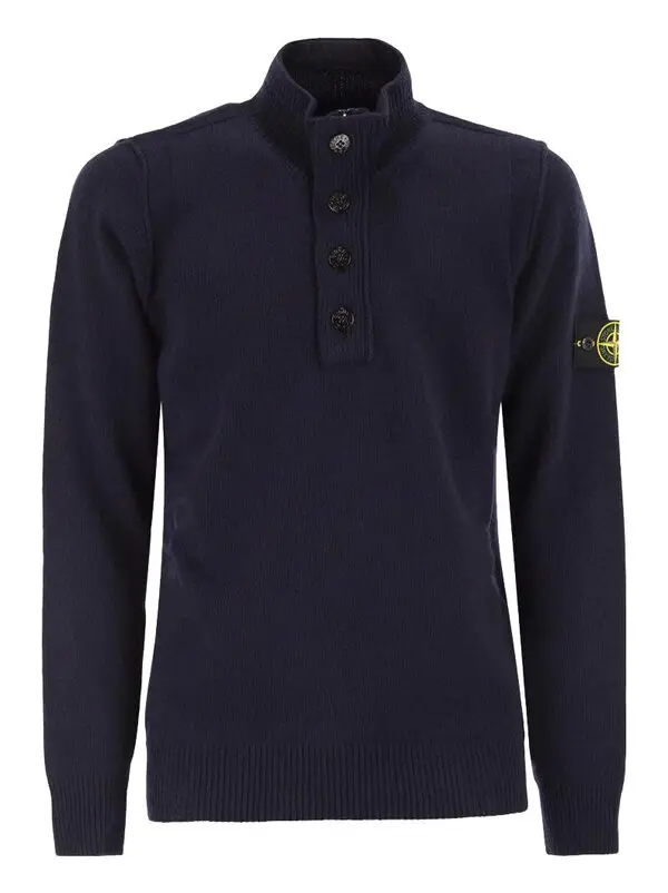 Stone Island Jumper With Short Zip And Felt Details - Navy