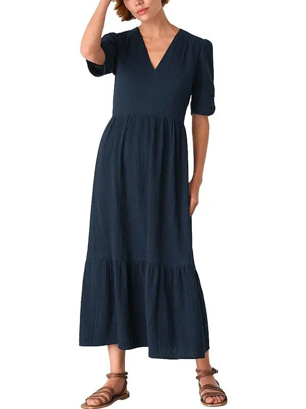 Whistles Textured Cotton Midi Dress - Navy