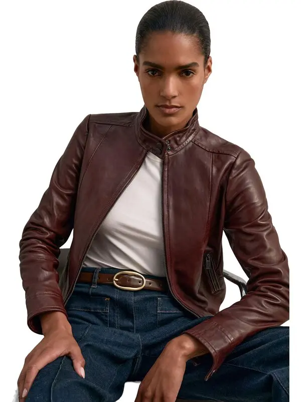 REISS Astra Fitted Leather Biker Jacket - Burgundy
