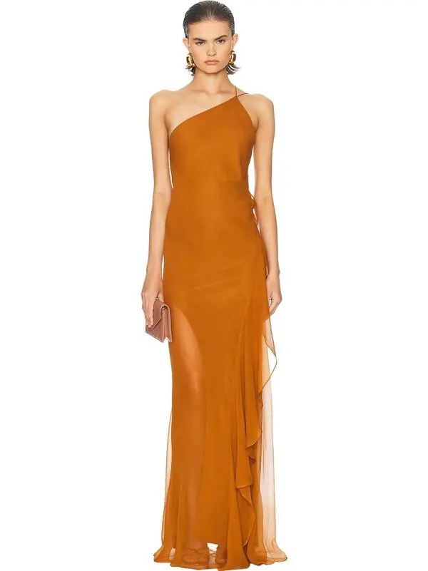 THE SEI One Shoulder Ruffle Gown - Toffee