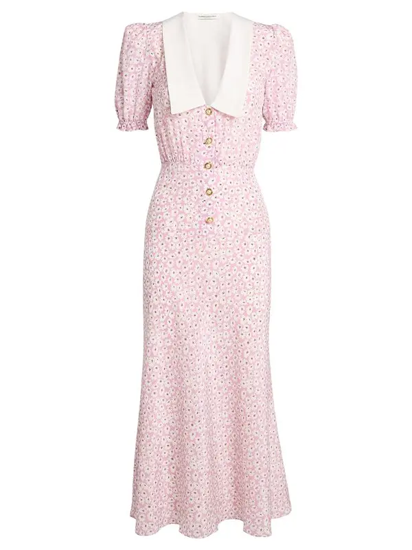 Alessandra Rich Silk Floral Collar Midi Dress - Pink
