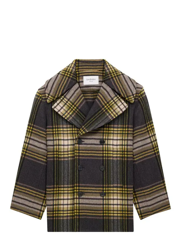 Saint Laurent Virgin Wool Check Pea Coat - Grey