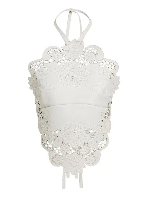Oscar De La Renta Lasercut Leather Halterneck Top - Off-white
