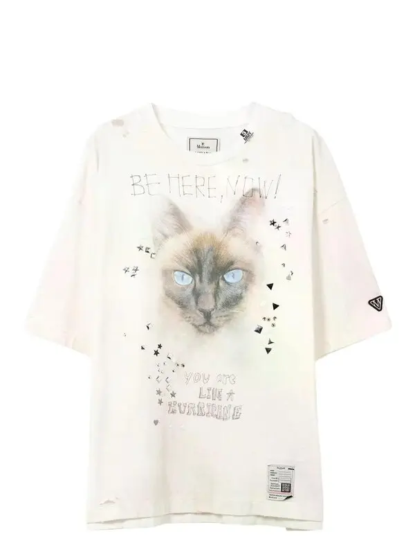 Mihara Yasuhiro Cat-print Distressed T-shirt - White