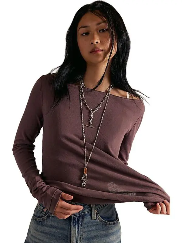 Free People We The Free Long Sleeve Off-the-shoulder Cotton Top - Shaved Chocolate