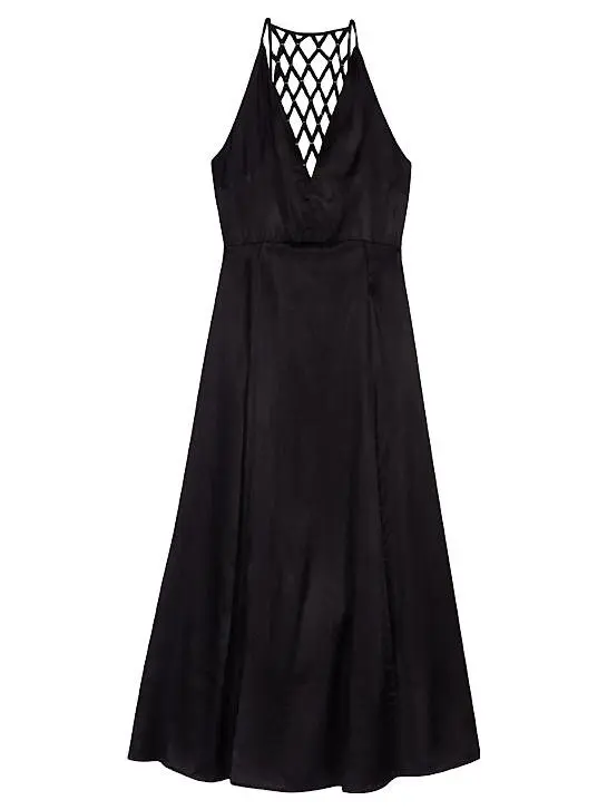 Maje V-neck Braided-back Satin Maxi Dress - Black