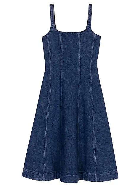 Maje Round-neck Flared-skirt Denim Midi Dress - Denim Blue