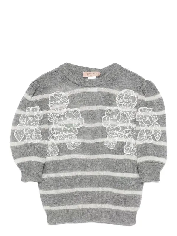 TWINSET Striped Floral-embroidered Sweater - Grey