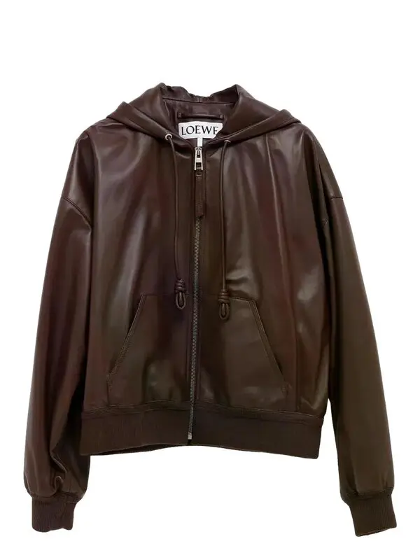 Loewe Leather Zip-up Hooded Jacket - Brown