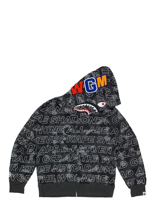 BAPE Text Camo Wgm Wappen Shark Zip Up Hoodie - Black