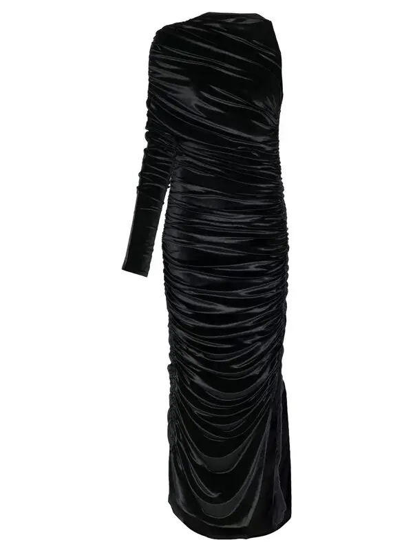 MUGLER One-shoulder Draped Velvet Midi Dress - Black
