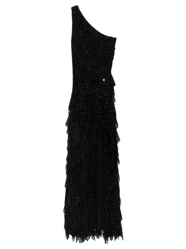 NISSA Embellished Ruffled Asymmetric Evening Dress - Black
