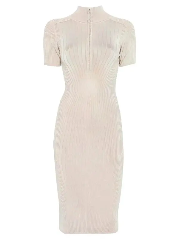 MUGLER Hook-and-eye Ribbed-knit Midi Dress - Neutrals