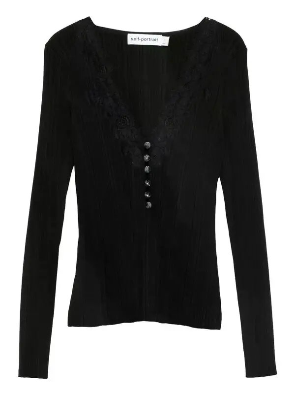 SELF-PORTRAIT Lace-trimmed Ribbed Top - Black