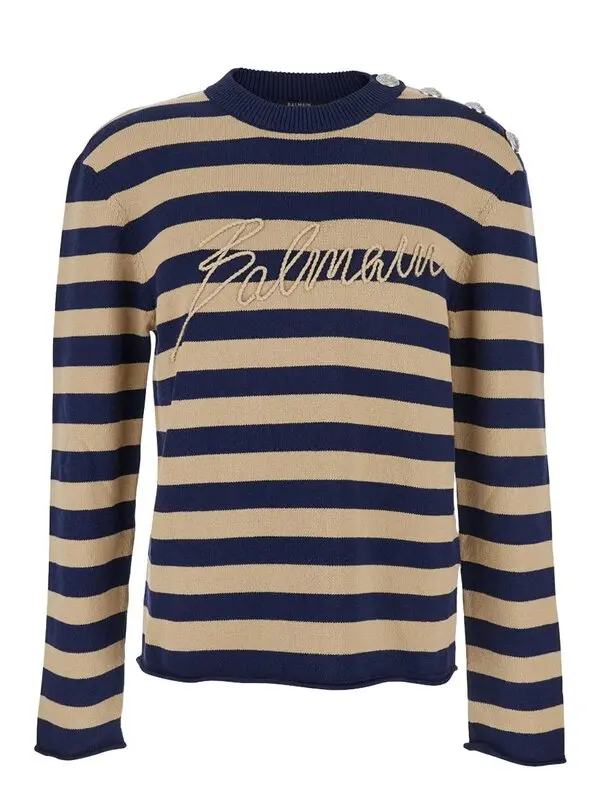 Balmain Crewneck Striped Wool Sweater - Blue