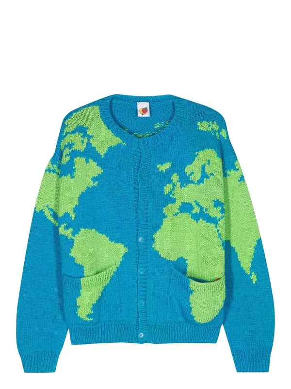 SKY HIGH FARM WORKWEAR World Map-embroidered Cardigan - Blue