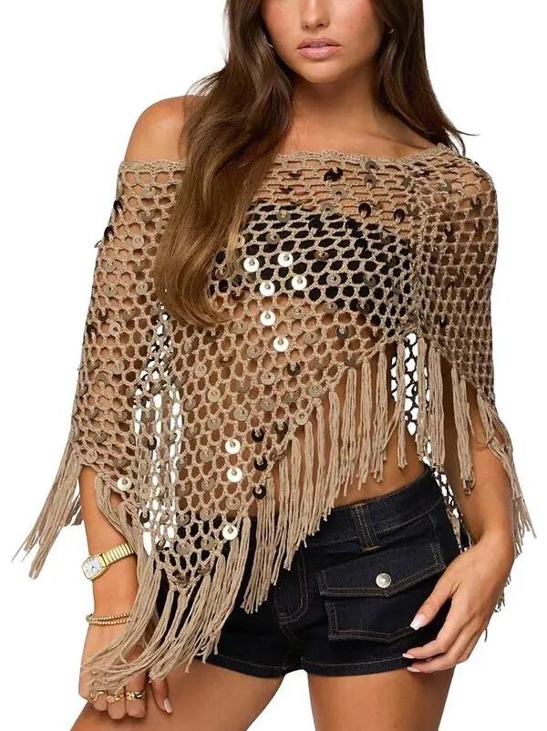EDIKTED Fringe Sequin Crochet Poncho - Tan