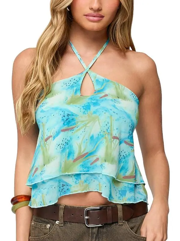 EDIKTED Dragon Lily Layered Chiffon Halter Top - Blue