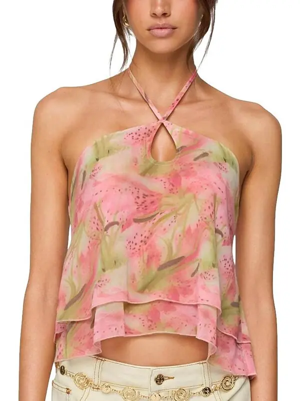 EDIKTED Dragon Lily Layered Chiffon Halter Top - Pink