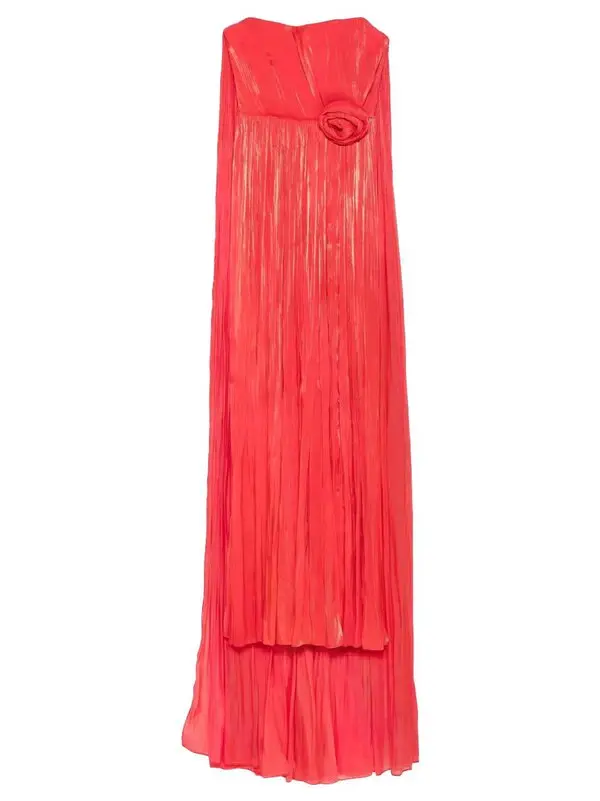 NISSA Pleated Rose-embellished Asymmetric Evening Dress - Red