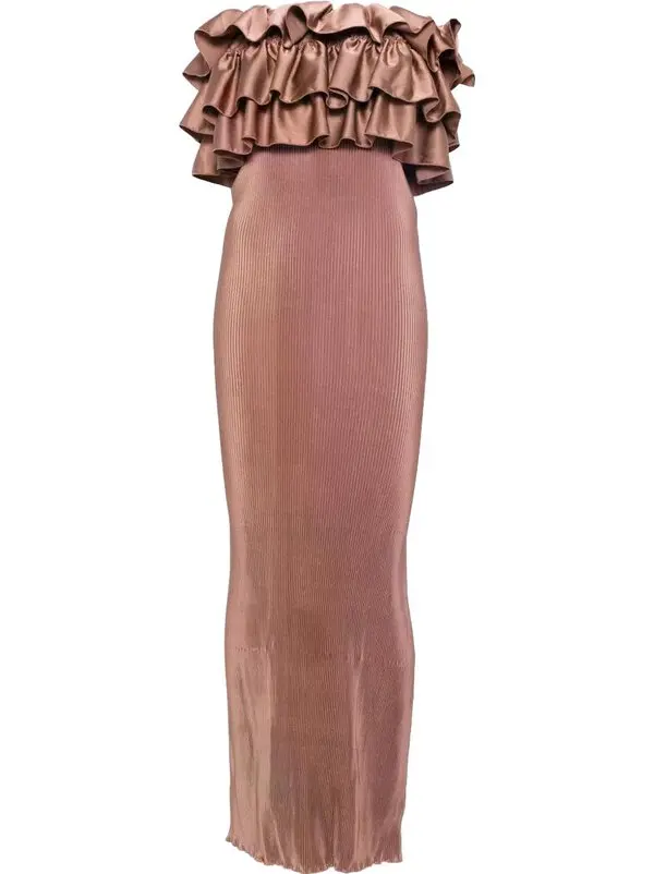 L'IDEE Pleated Ruffled Maxi Evening Dress - Brown