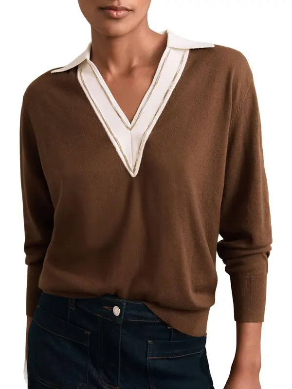 REISS Nina Wool Collared Jumper - Chocolate Brown/ivory