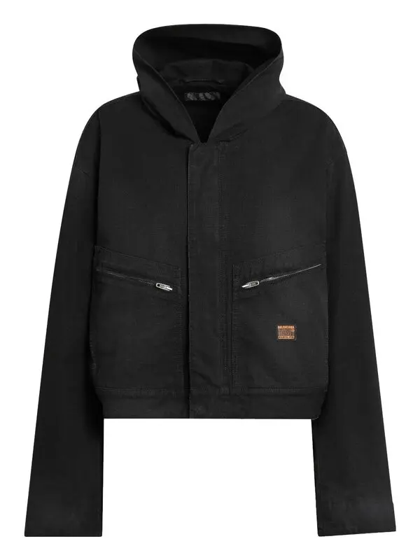 Balenciaga Cotton Cropped Jacket With Hood - Black