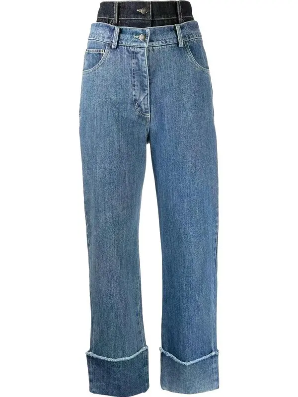 Rokh Washed Double-layer Jeans - Blue