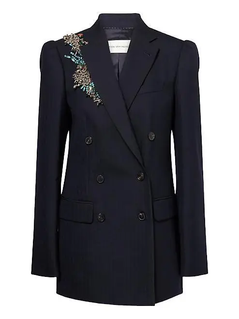 Dries Van Noten Crystal-embellished Double-breasted Wool Jacket - Navy