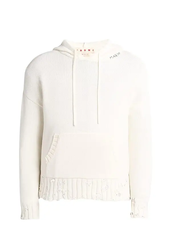Marni Distressed Knit Hoodie With Logo - White