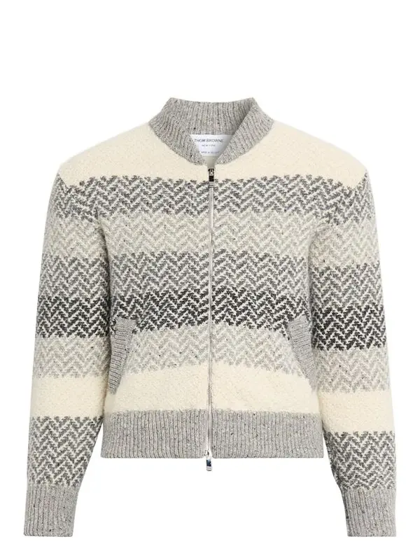 Thom Browne Donegal Herringbone Stripe Full-zip Sweater - Tonal Grey