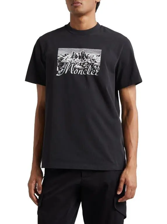 Moncler Black Mountain Logo Cotton Graphic T-shirt - Smoky Black