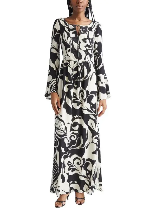 St. John Harlow Leaf Print Silk Maxi Dress - Ecru/black Multi
