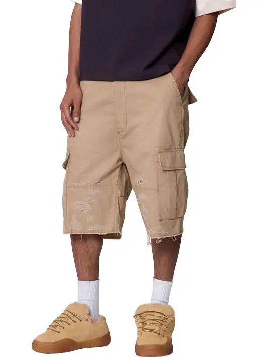 Mnml Baggy Distressed Cargo Shorts - Washed Khaki