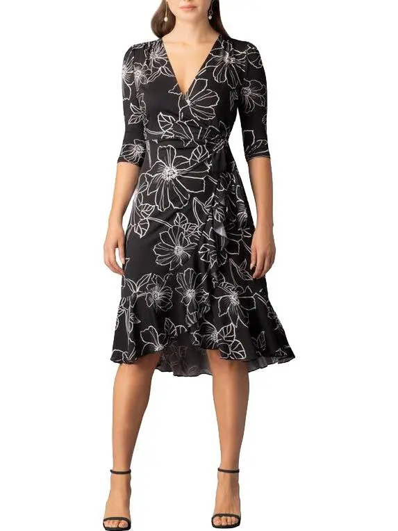 KIYONNA Flirty Flounce Midi Wrap Dress - Black Florals