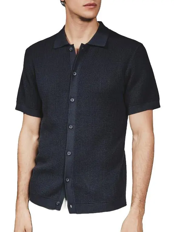 7 Diamonds Nash Knit Short Sleeve Button-up Shirt - Navy