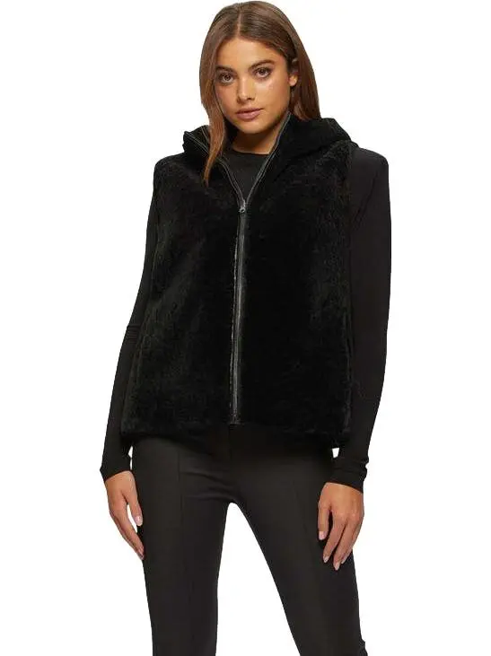 Gorski Reversible Genuine Shearling Hooded Vest - Black/black