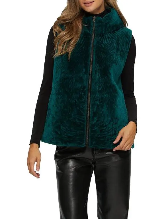 Gorski Reversible Genuine Shearling Hooded Vest - Emerald/black
