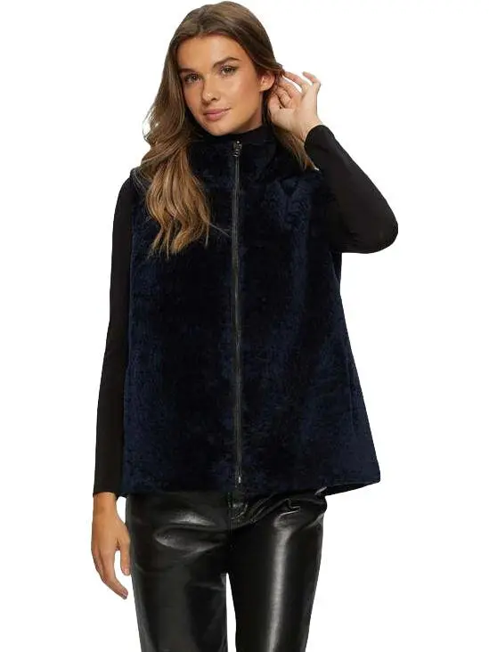 Gorski Reversible Genuine Shearling Hooded Vest - Navy/black