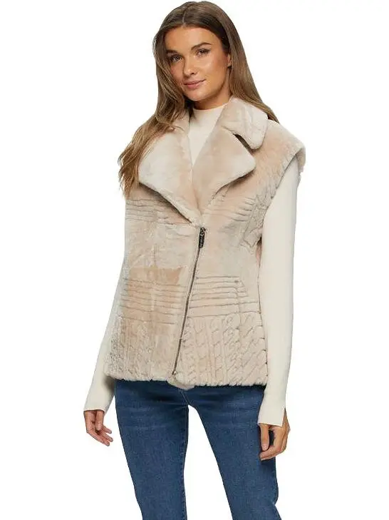 Gorski Genuine Shearling Zip Vest With Grooved Pattern - Beige