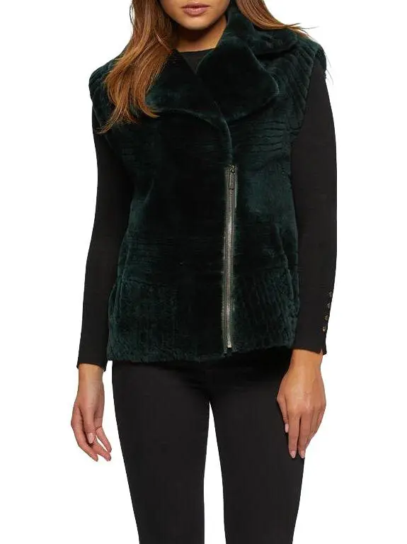 Gorski Genuine Shearling Zip Vest With Grooved Pattern - Emerald