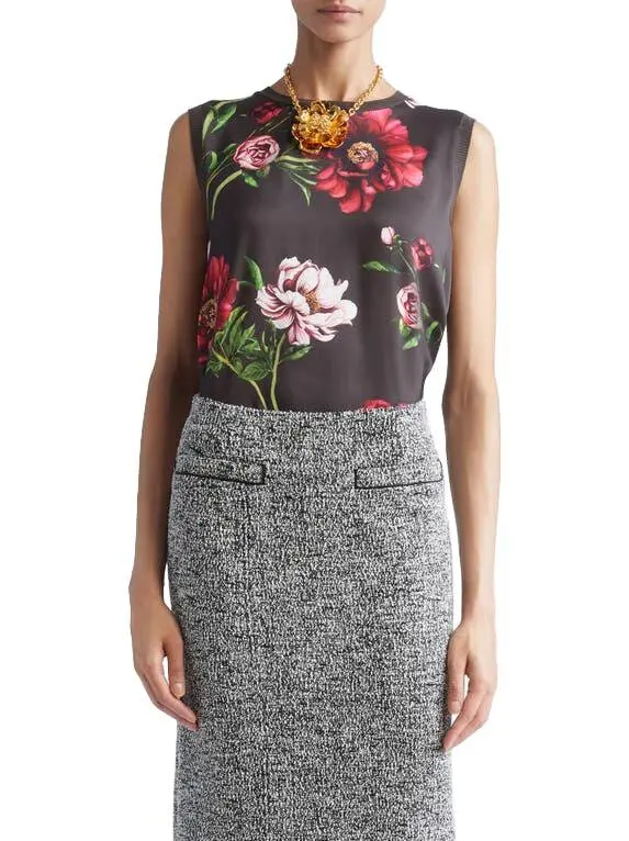 Oscar De La Renta Peony Print Silk Blend Sleeveless Top - Brown Multi