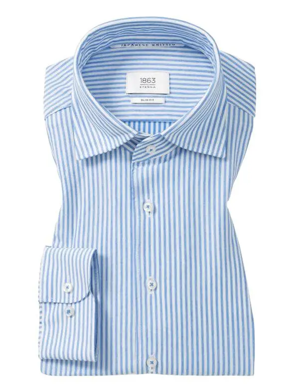 1863 BY ETERNA Slim Fit Stripe Jersey Button-up Shirt - Blue